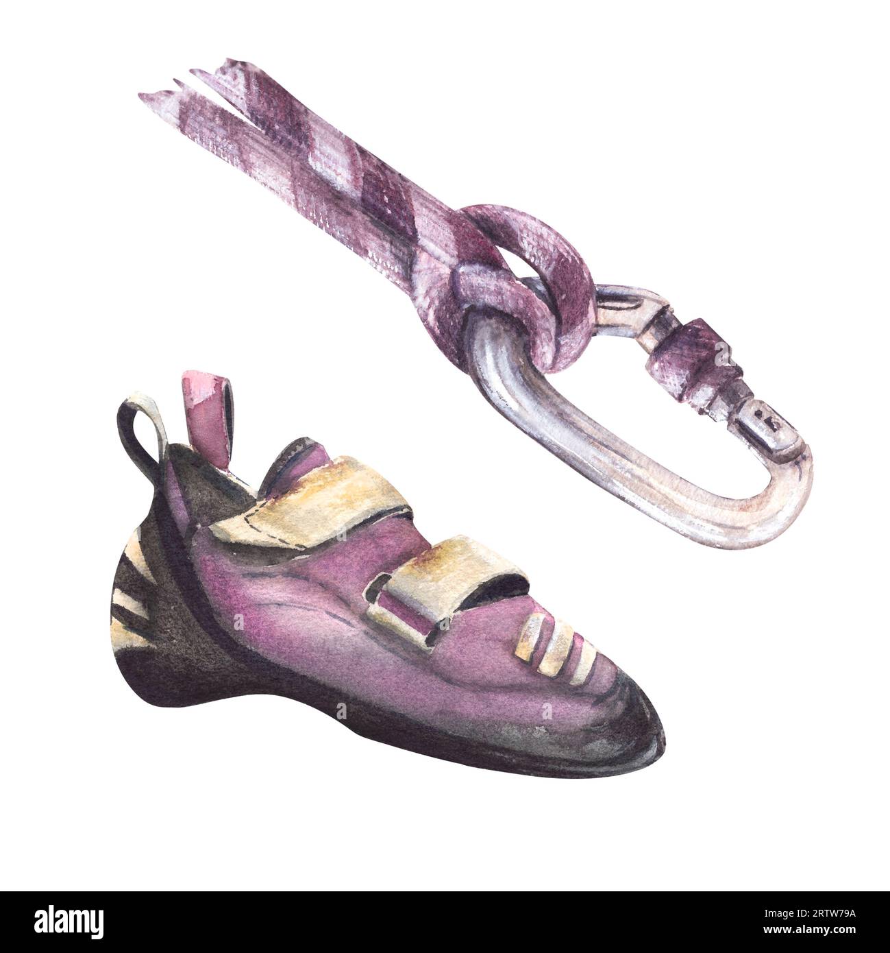 Carabiner rope knot and climbing shoe. Watercolor set illustration ...