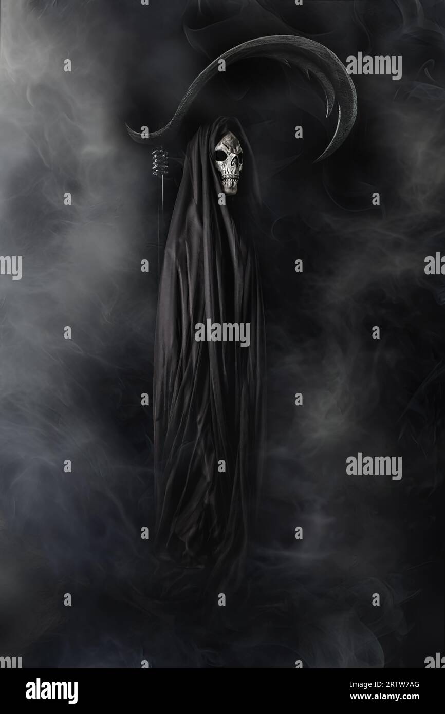 A grim reaper in a black robe with a scythe standing in the dark for ...