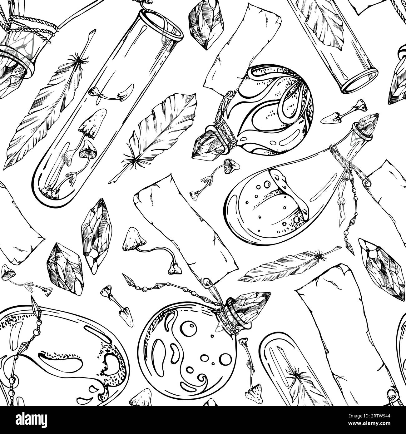 Hand drawn ink vector witch glass potion vials, poison mushrooms ...