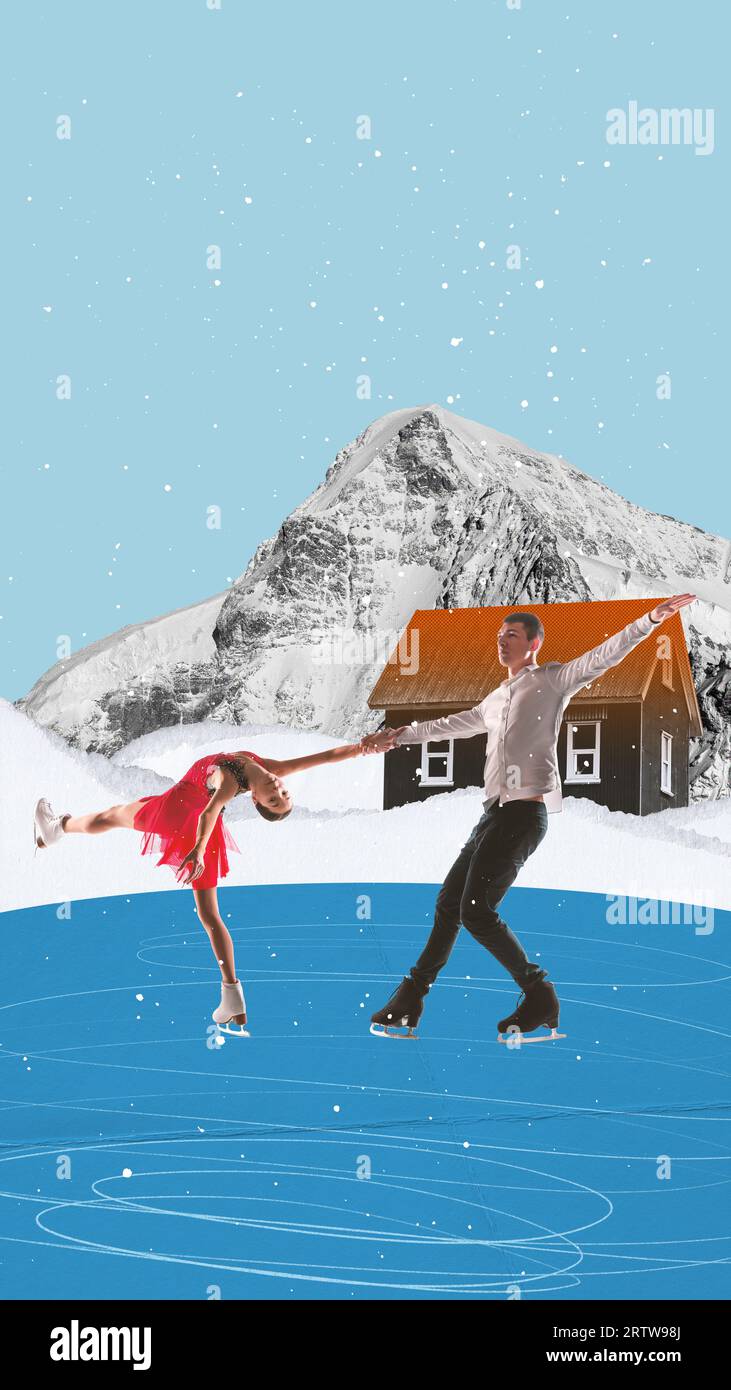 Beautiful young man and woman in costumes, figure skaters skating on ...