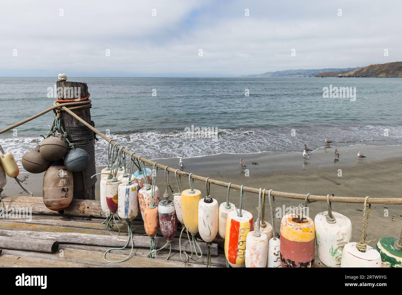 Old hanging fishing net floats in a row Stock Photo - Alamy