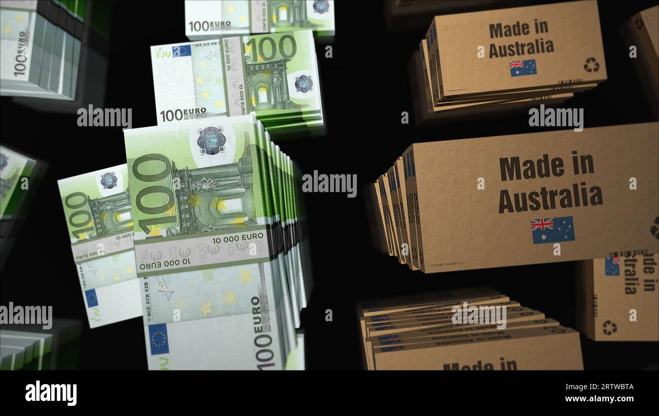 Made in Australia box line and Euro money bundle stacks. Export, trade ...