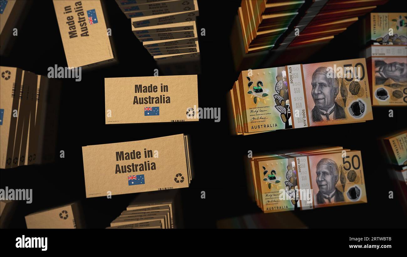 Made in Australia box line with Australian Dollar money bundle stacks ...