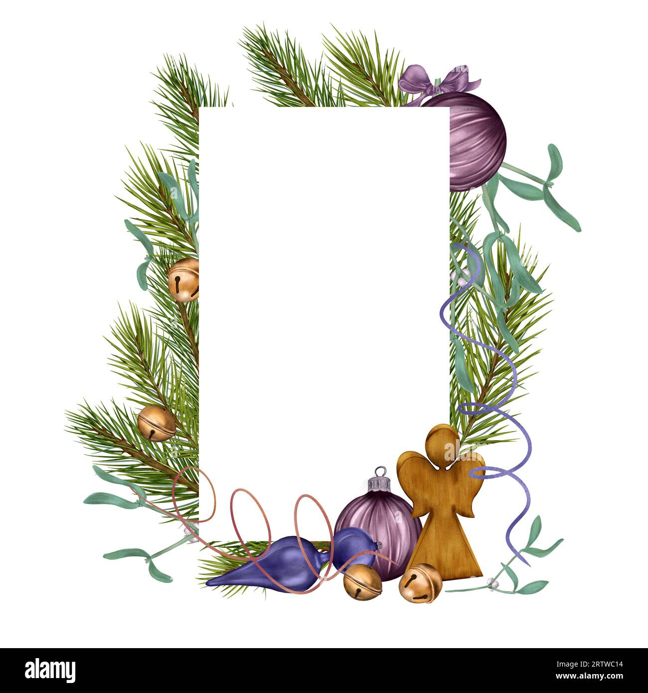 Frame of Christmas tree, decorations and wooden angel digital ...