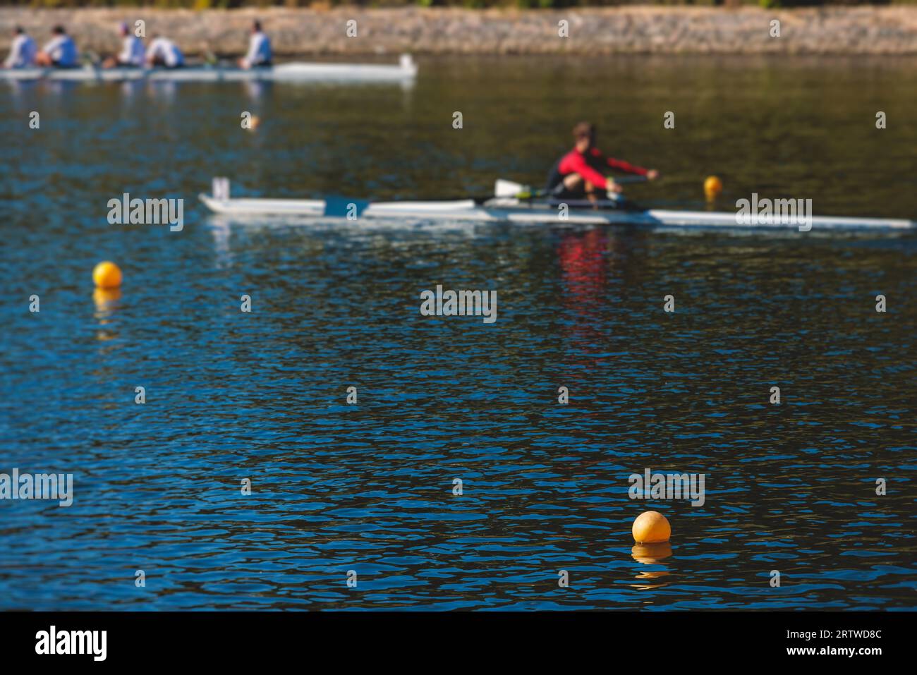 Group of rowing team athletes sculling during competition, kayak boats ...