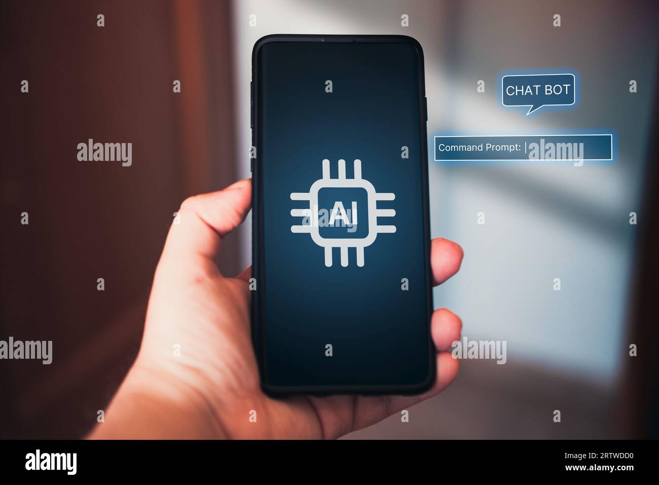 Woman showing smartphone while using an AI chatbot. Command prompt AI ...
