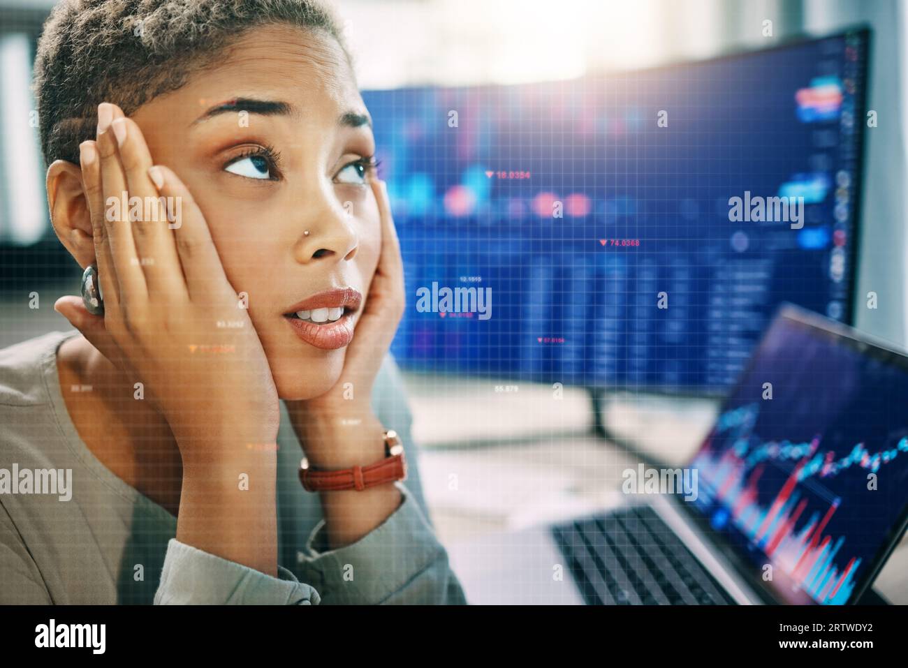 Programmer, stress and woman with computer screen, headache and burnout ...