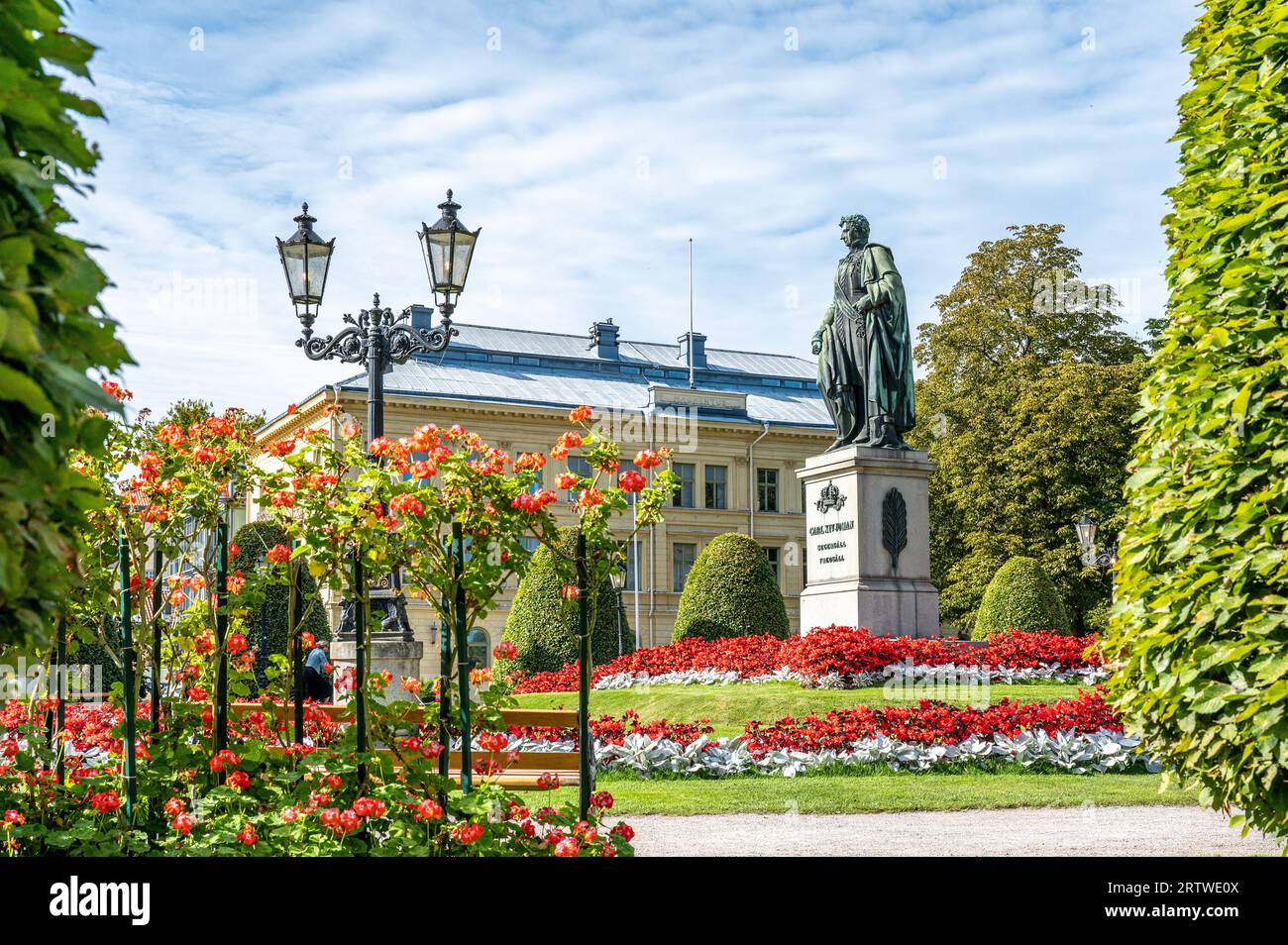 Carl Johans park with the statue of king Karl XIV Johan during early ...