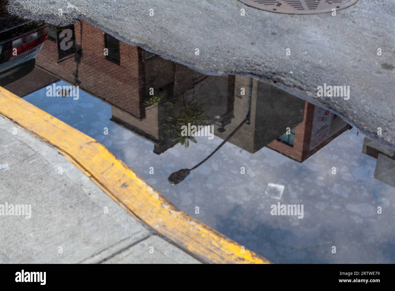 New York buildings reflected in street puddle Stock Photo - Alamy