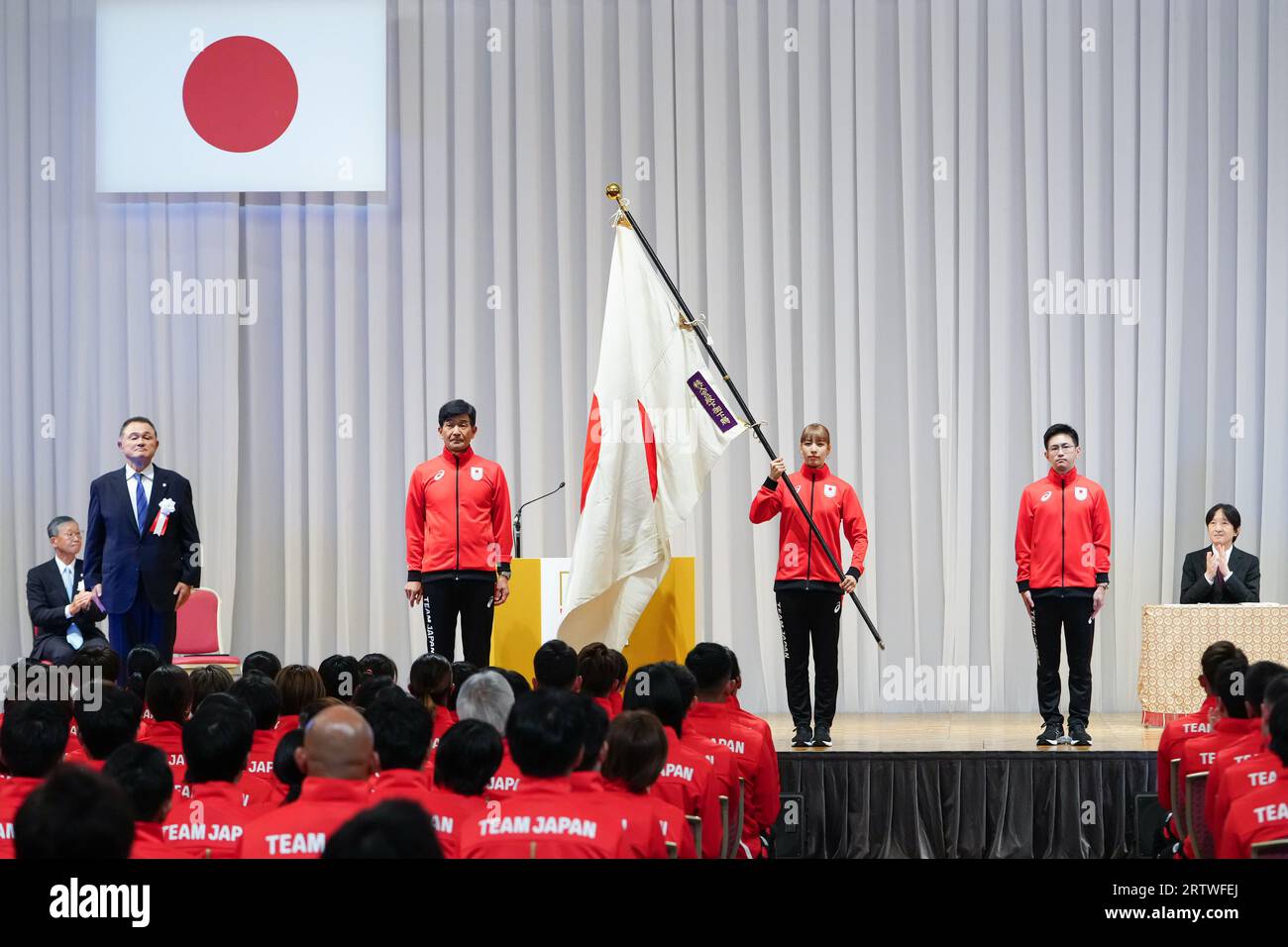 Tokyo, Japan. 15th Sep, 2023. (L-R) Yasuhiro Yamashita, Mitsugi Ogata, Misaki Emura, Masaya Endo ...