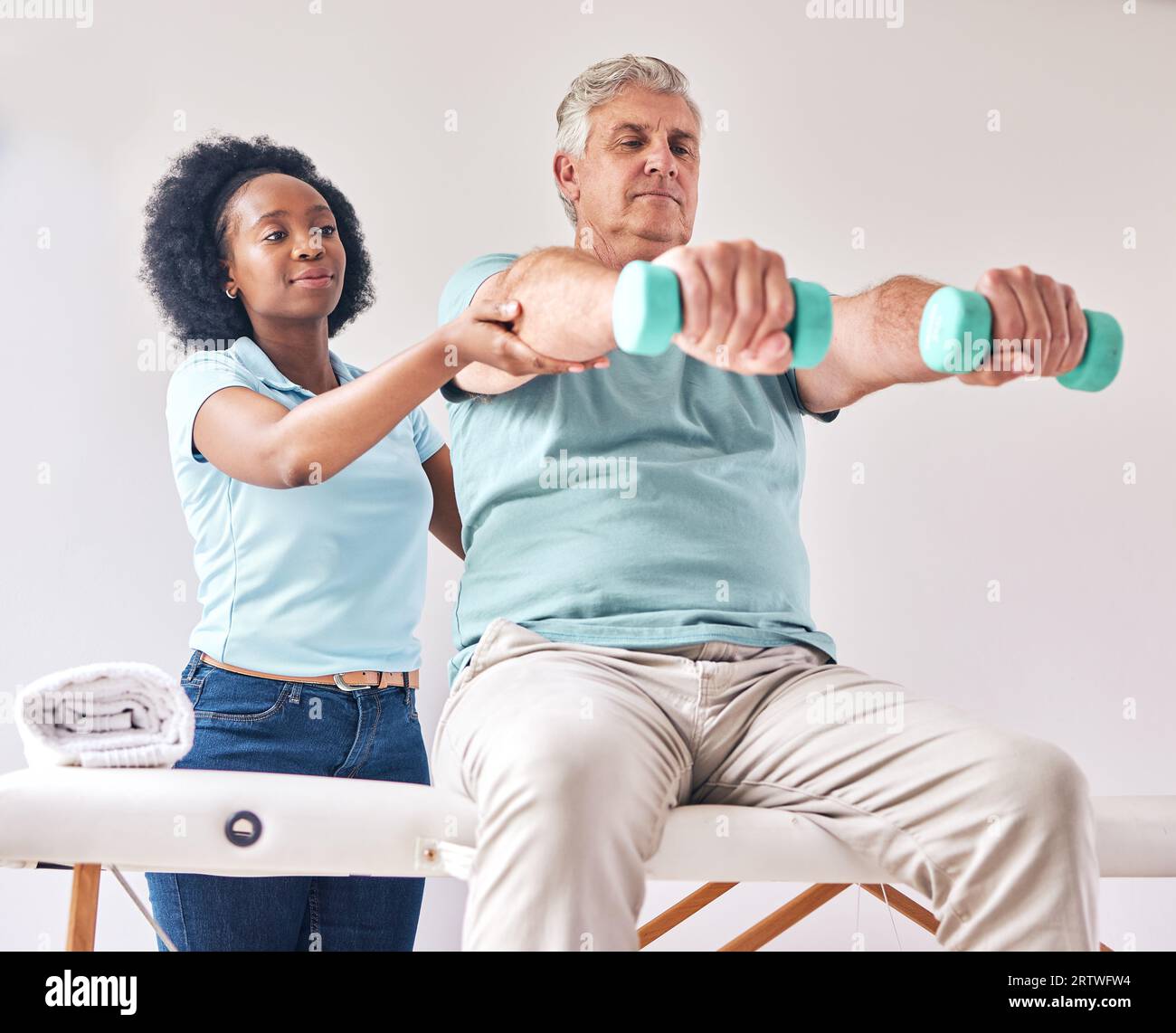 Old man, exercise and physiotherapy with dumbbell for wellness and ...