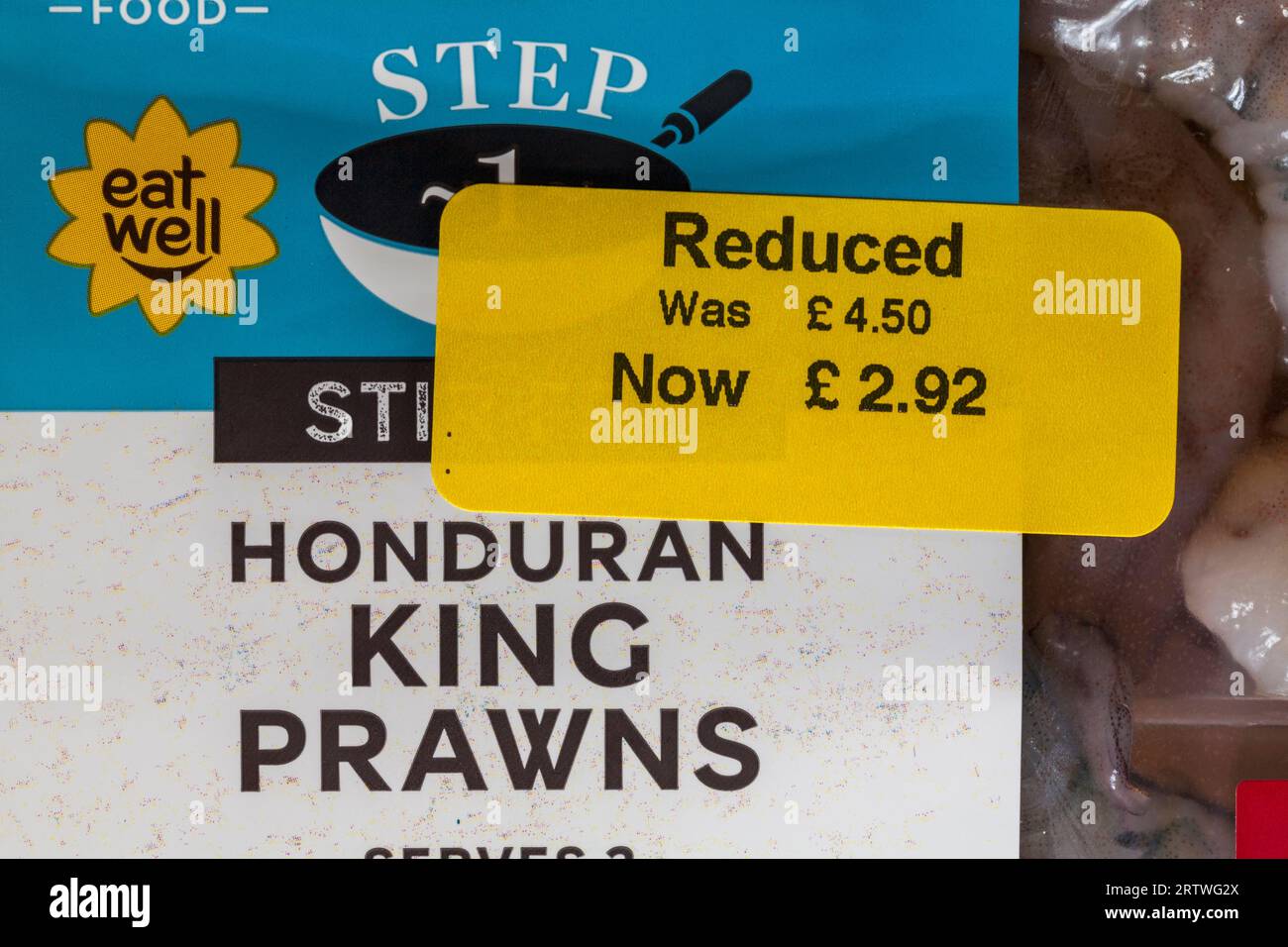 yellow sticker label on food product - pack of Honduran King Prawns ...
