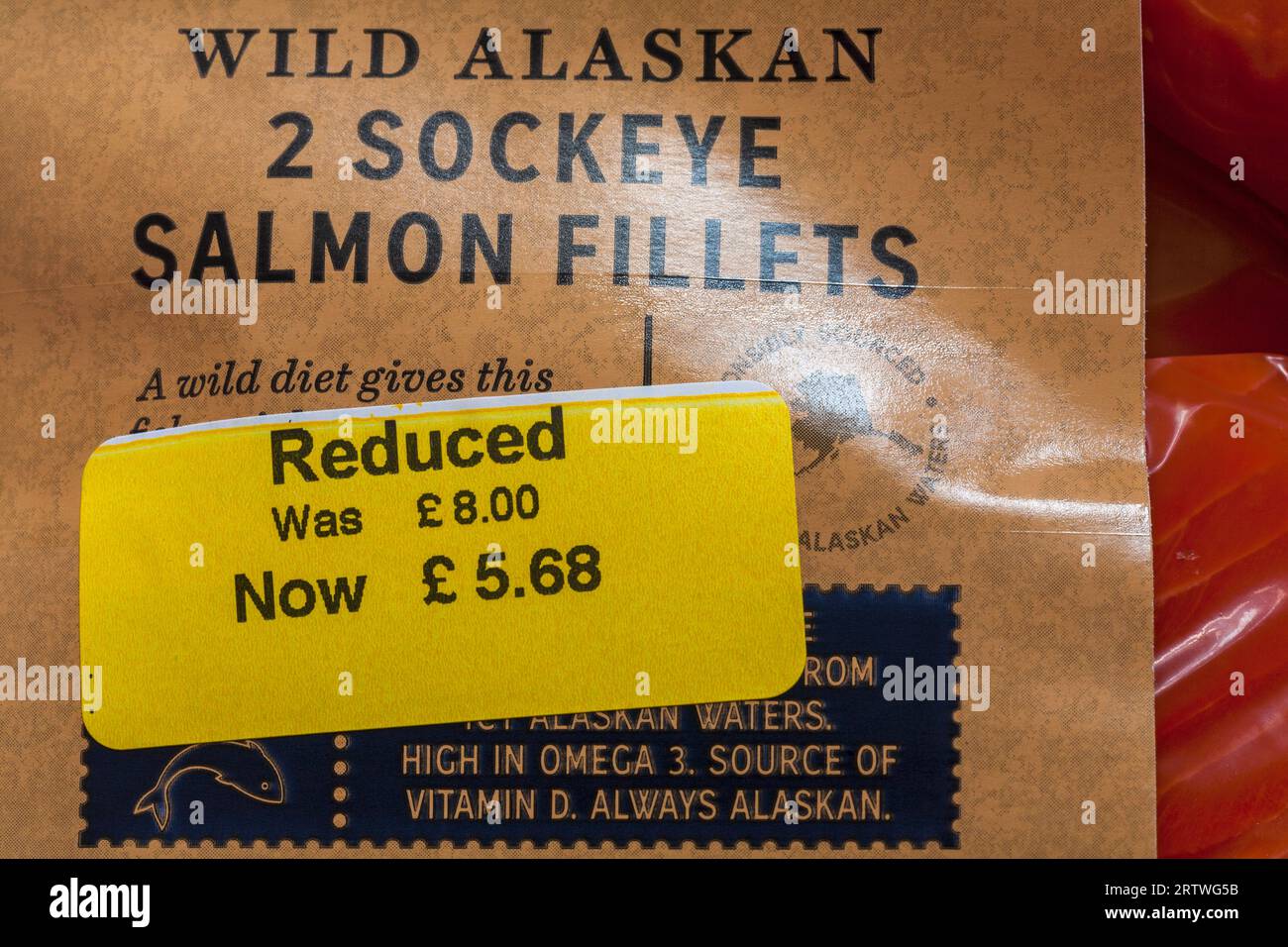 yellow sticker label on food product - pack of Wild Alaskan sockeye ...