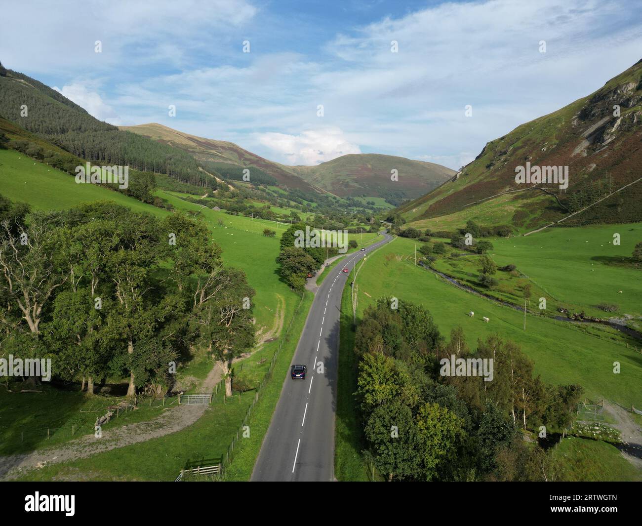 Aerial view of a lush, rural landscape, taken from a high viewpoint ...