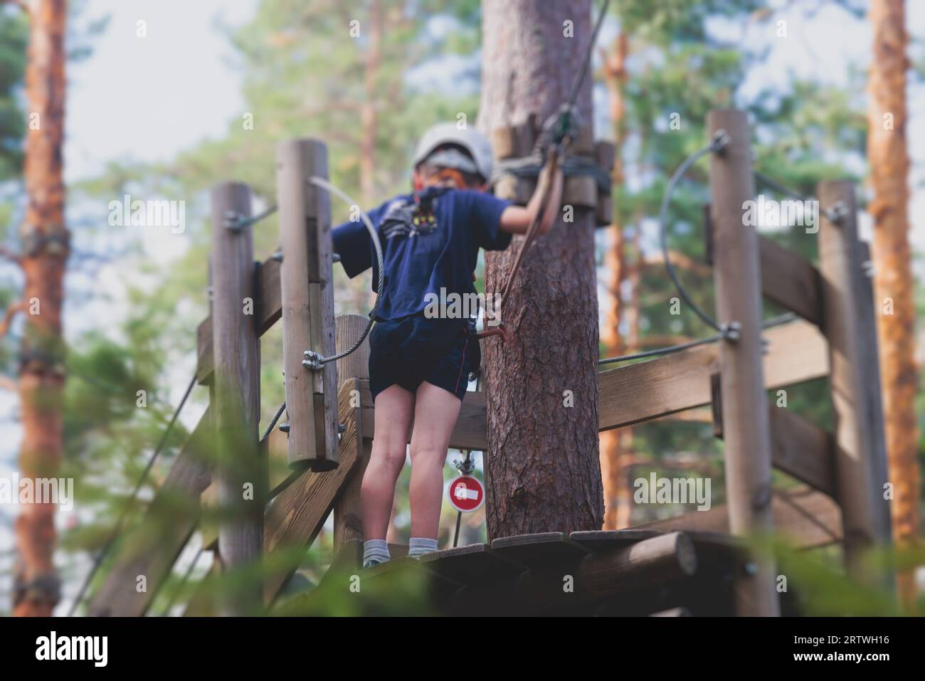 View of high ropes course, kids of climbing in amusement acitivity rope ...