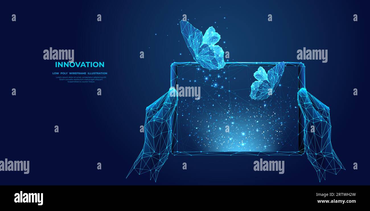 Digital blue butterflies fly off the screen of the device Stock Vector ...