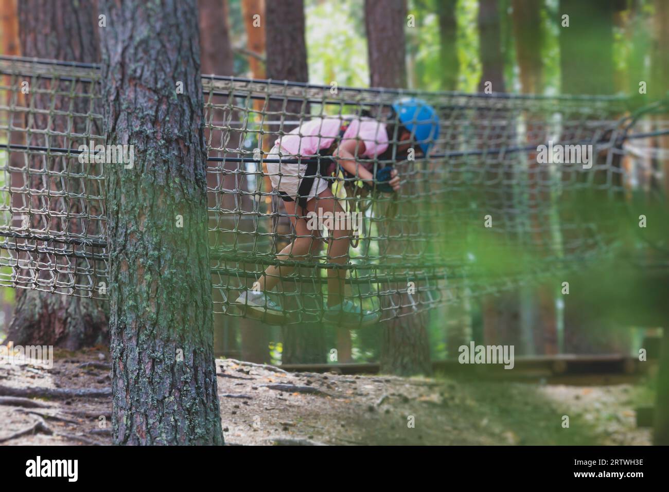 View of high ropes course, kids of climbing in amusement acitivity rope ...