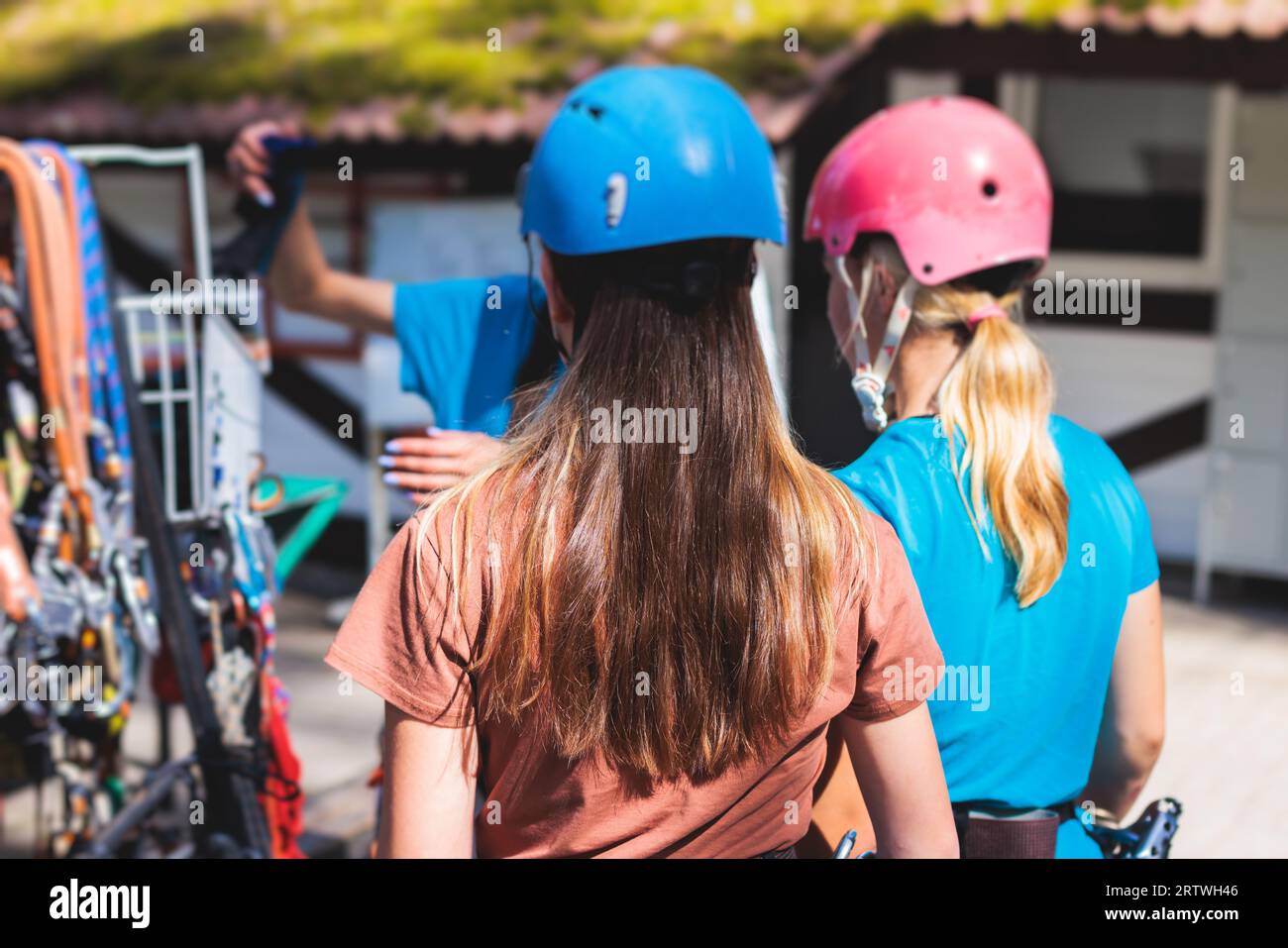 View of high ropes course, process of climbing in amusement acitivity ...