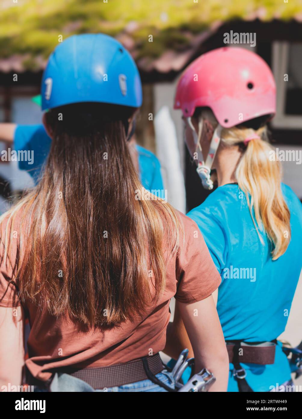 View of high ropes course, process of climbing in amusement acitivity ...
