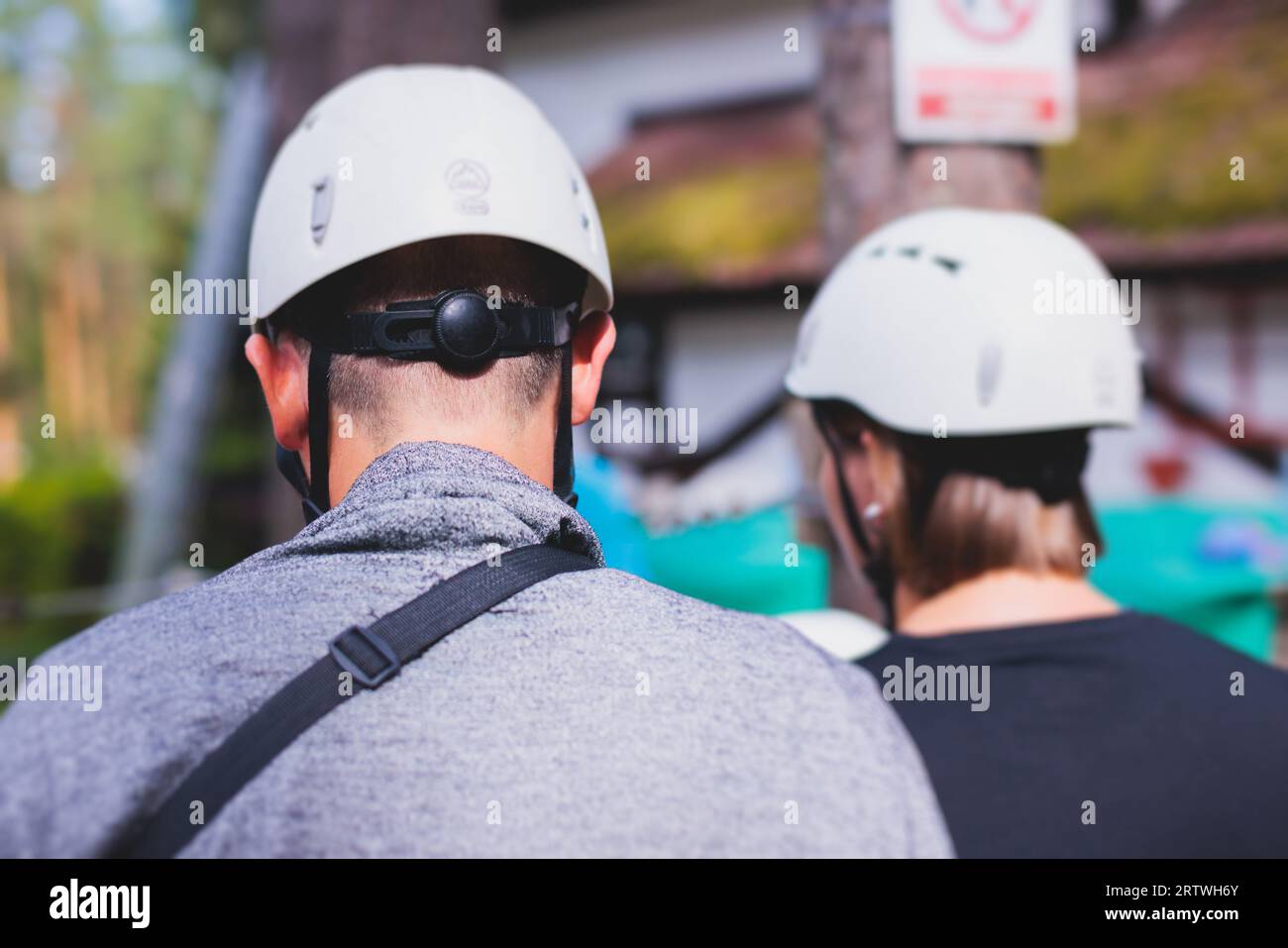 View of high ropes course, process of climbing in amusement acitivity ...