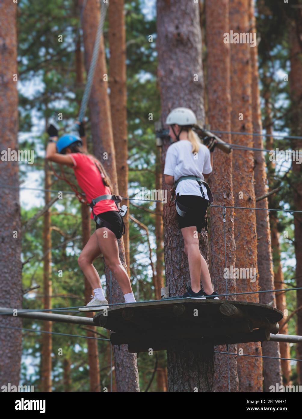 View of high ropes course, process of climbing in amusement acitivity ...