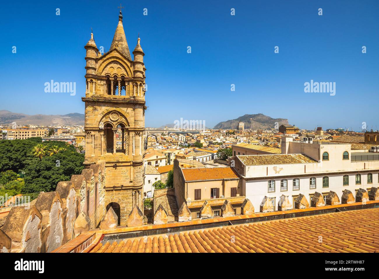 Palermo Cathedral, view of tower with cityscape from roof of cathedral ...