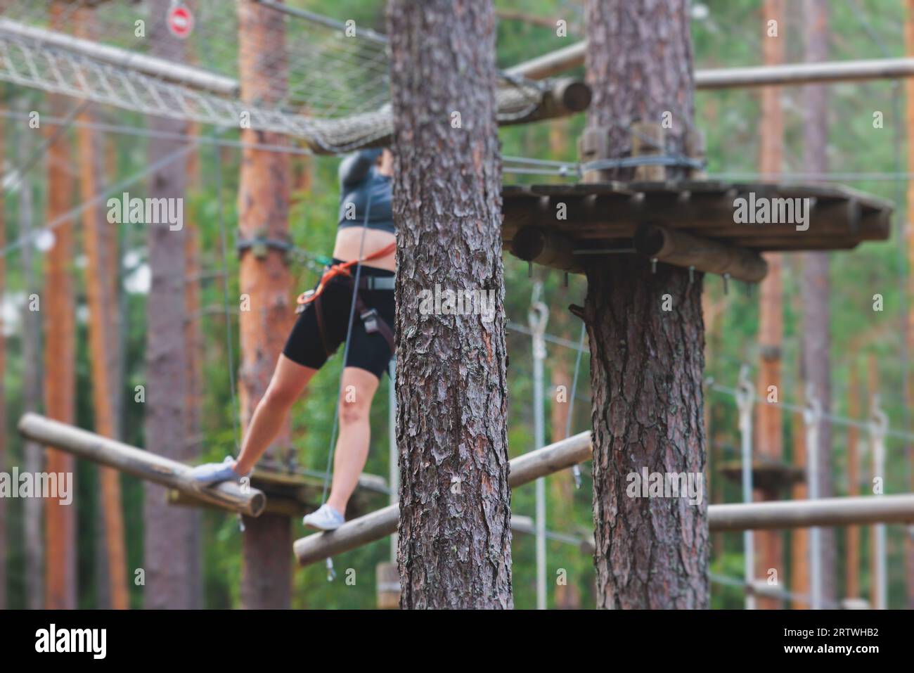 View of high ropes course, process of climbing in amusement acitivity ...