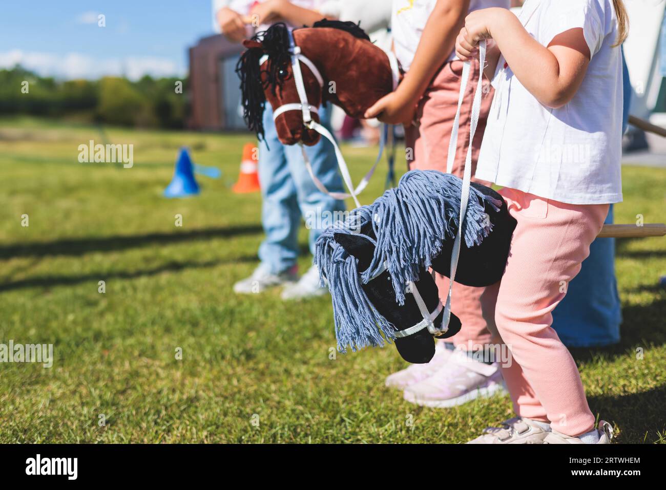 Hobby horsing competition on a green grass, hobby horse riders jumping ...
