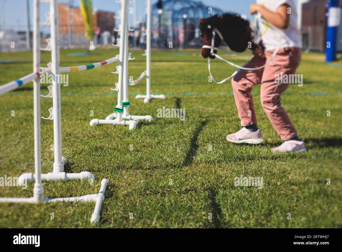 Hobby horsing competition on a green grass, hobby horse riders jumping ...