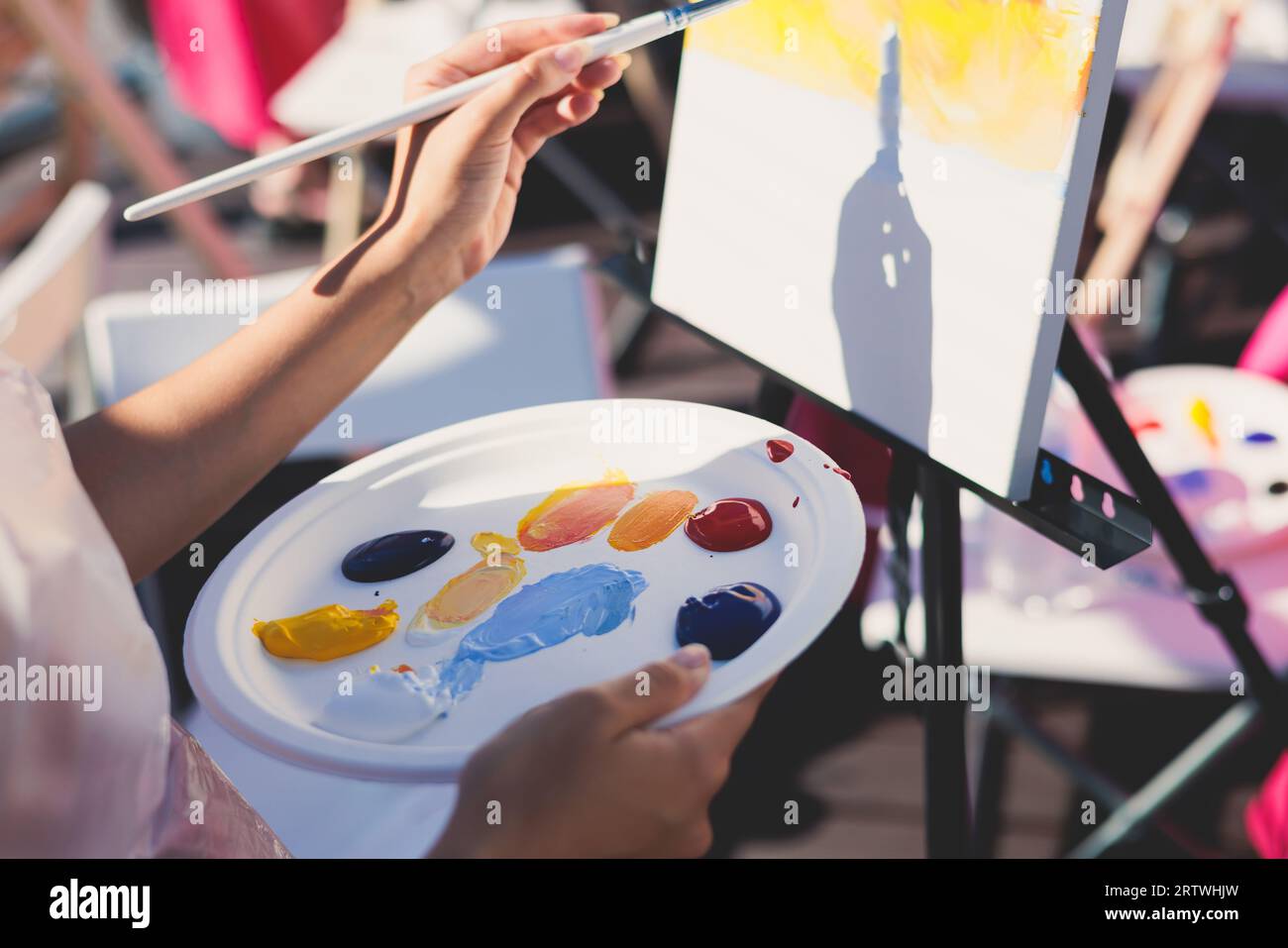 Process of drawing, group class of talented students with painting ...