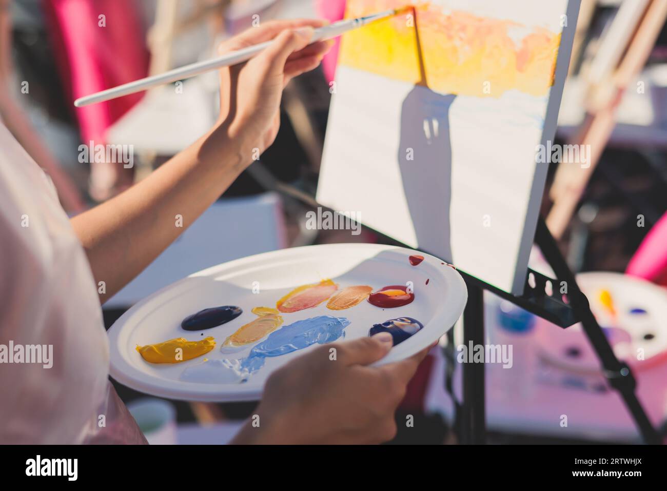 Process of drawing, group class of talented students with painting ...