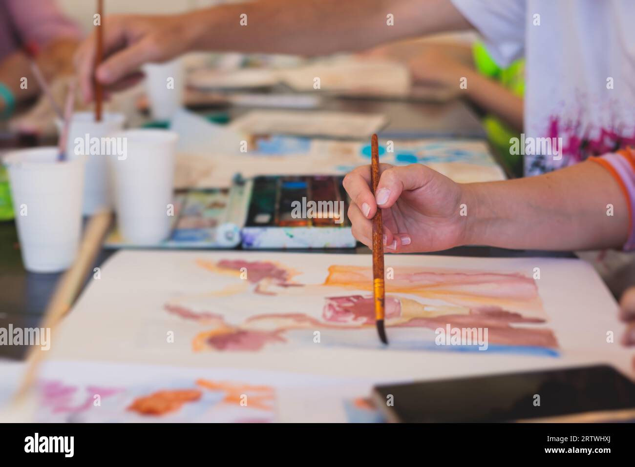 Process of drawing, group class of talented students with painting ...