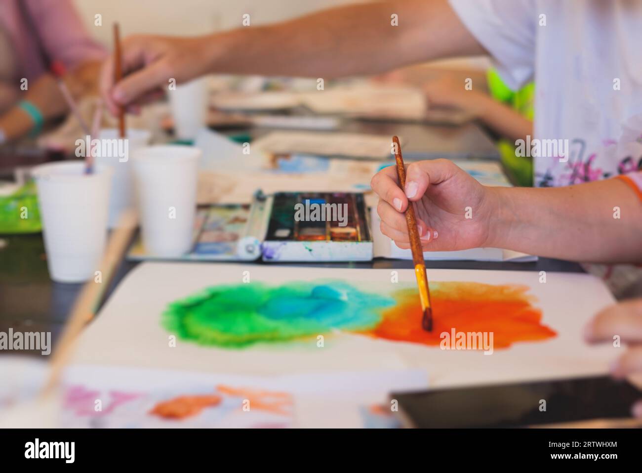 Process of drawing, group class of talented students with painting ...