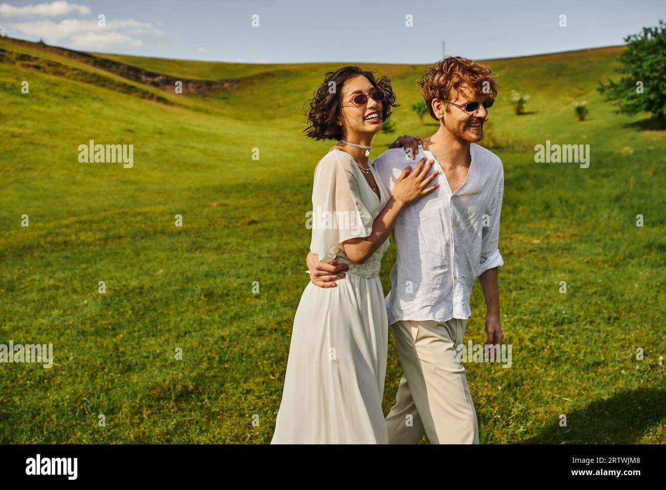 just married couple, happy asian bride in wedding dress walking with ...