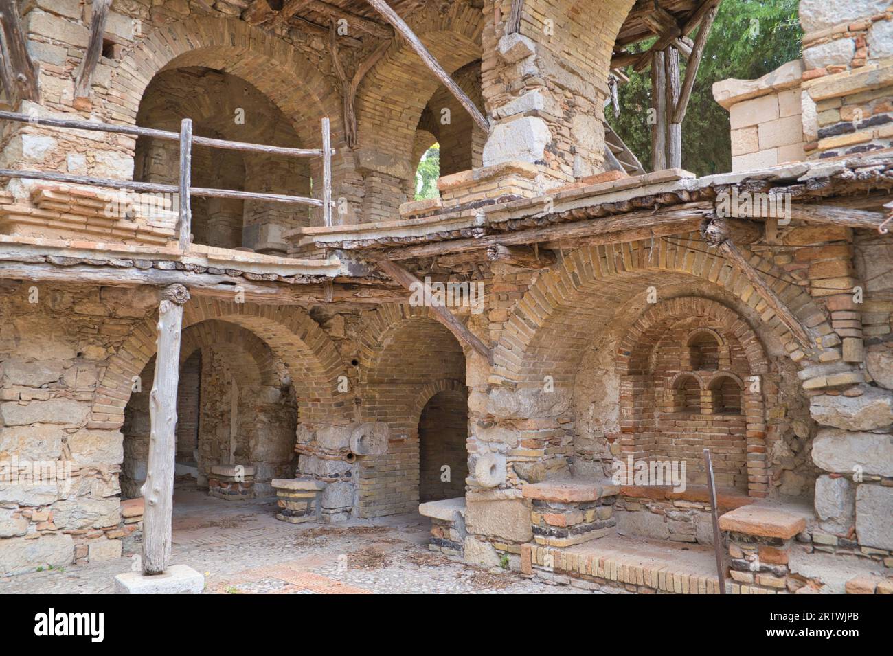 View on the buildings in the green area, garden in Taormina called ...