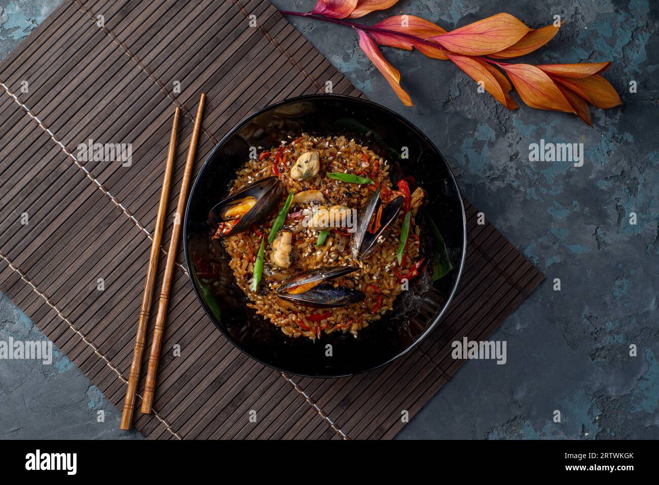 Asian fried wok rice with mussels and seafood. View from above Stock ...