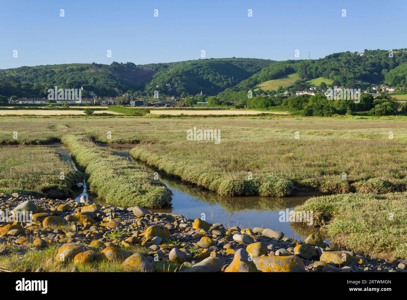Porlock Marsh with the village of Porlock beyond in Exmoor National ...