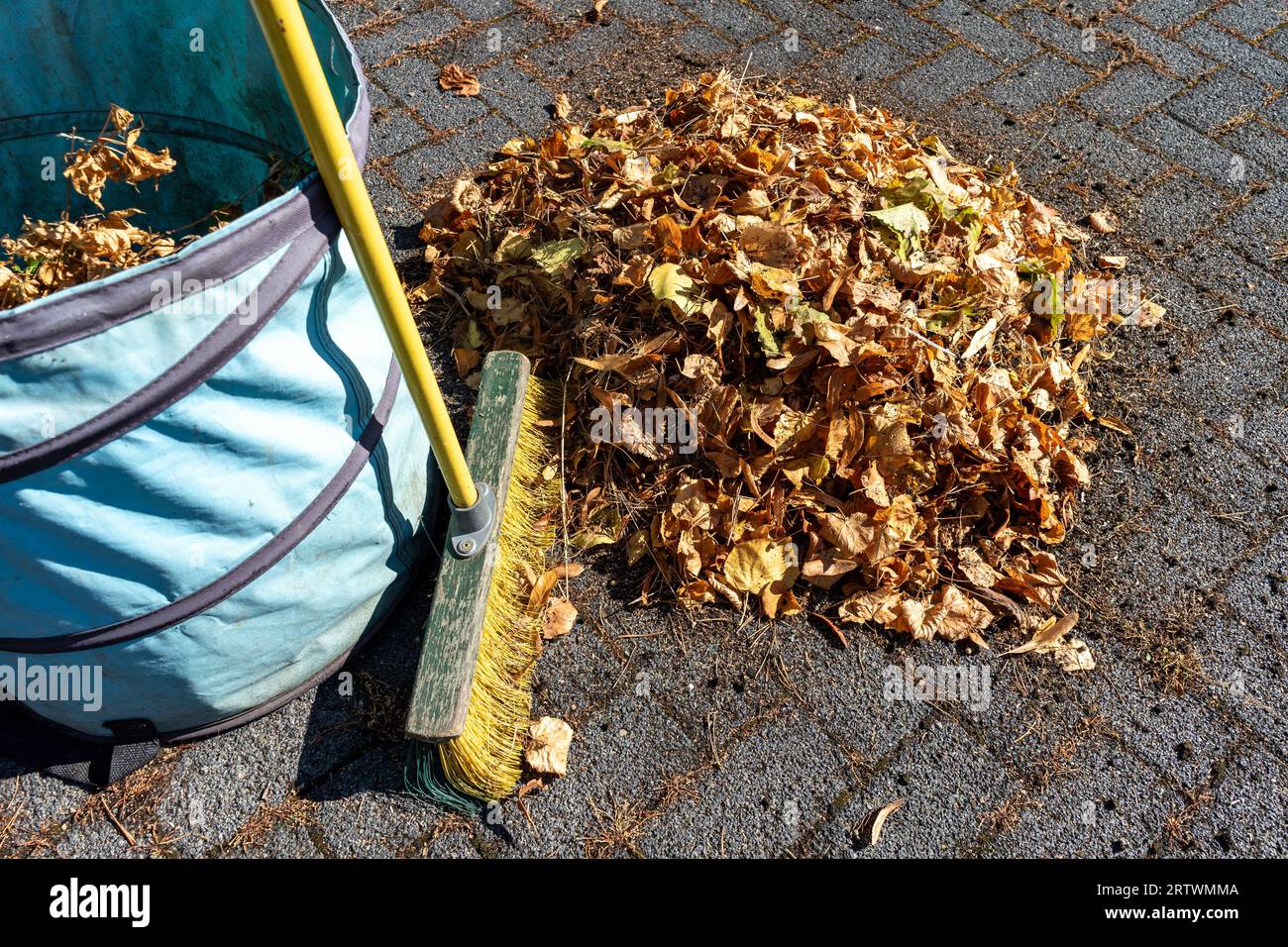 Pile of leaves with broom and bucket in autumn Stock Photo - Alamy