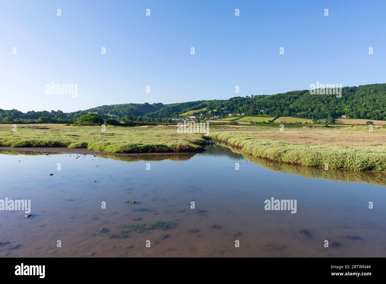 Porlock Marsh with the village of Porlock beyond, Exmoor National Park ...