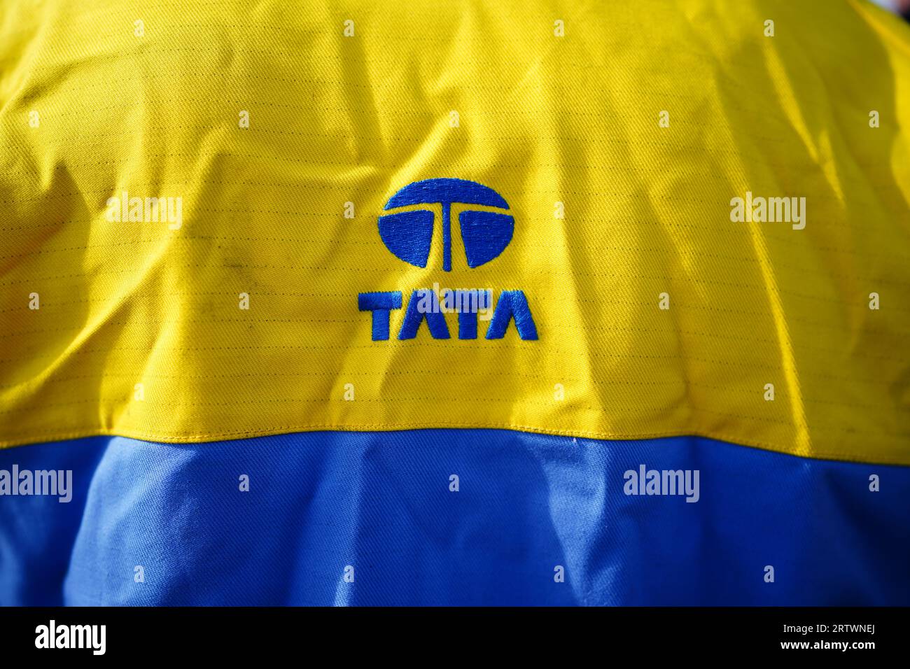Tata steel signage on a workers jacket outside Tata Steel's Port Talbot ...
