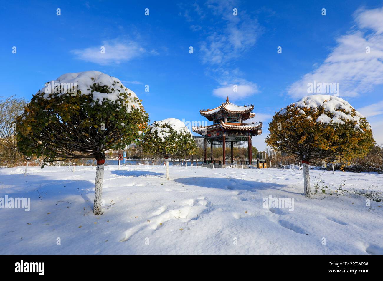 Traditional ancient architecture Pavilion in snow, North China Stock ...