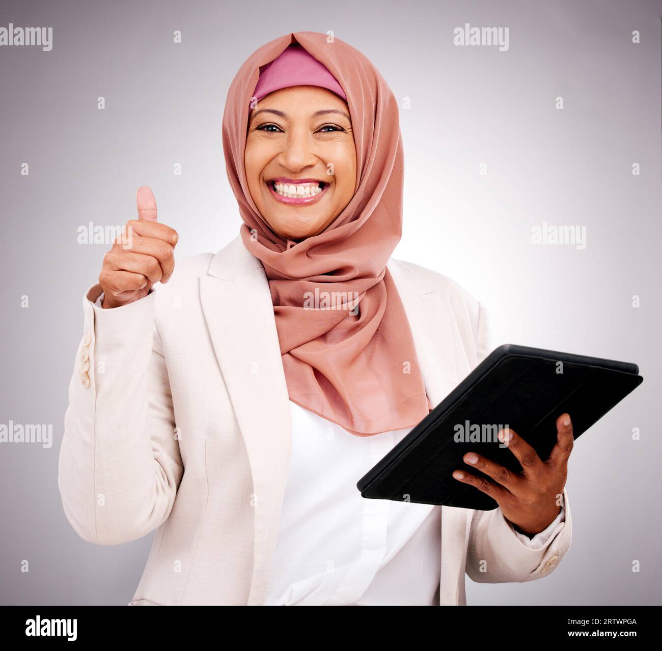 Business woman, thumbs up and tablet for success, like and subscribe to human resources website ...