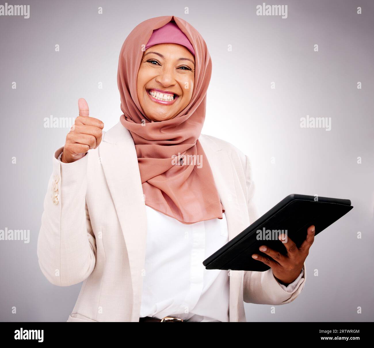Muslim woman, thumbs up and tablet for success, like and subscribe to ...