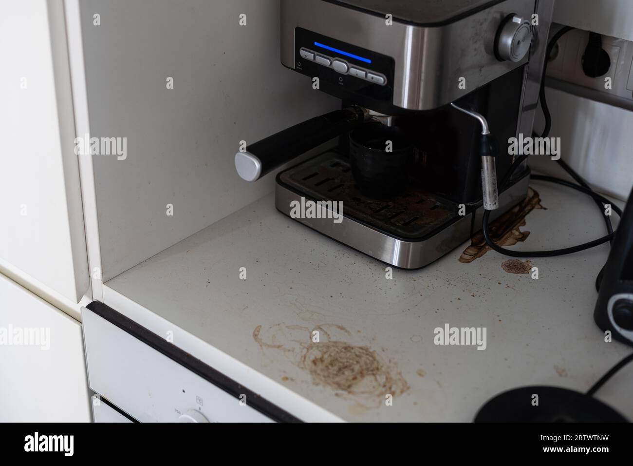 Dirty coffee machine metal background with unwashed surface. Coffee ...