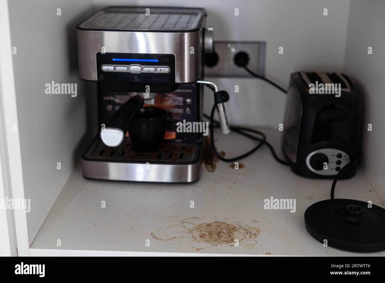 Dirty coffee machine metal background with unwashed surface. Coffee ...