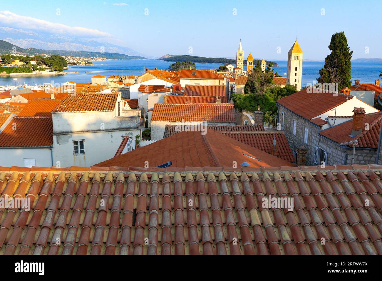 View of the bell towers and towers on the island of Rab in Croatia ...