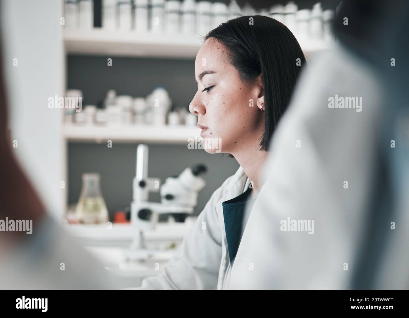 Medical, thinking and woman with research, science and data analysis ...