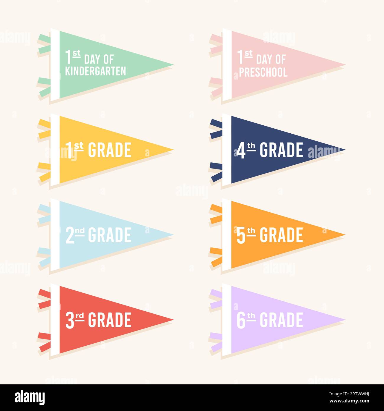 Back to school pennant flag set. First day of school. Colorful icons ...