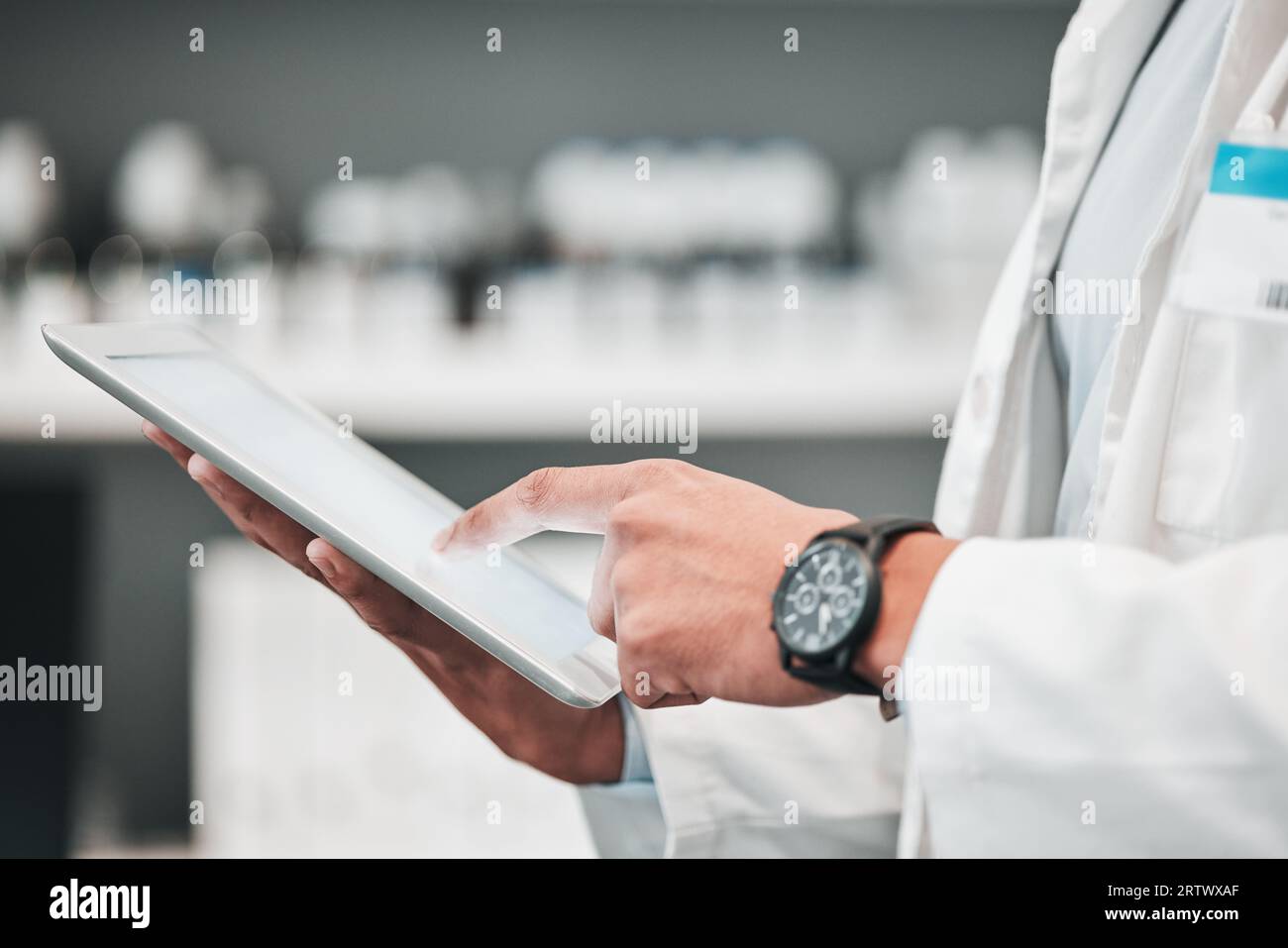Tablet, pharmacy and hands of scientist with mockup space for ...