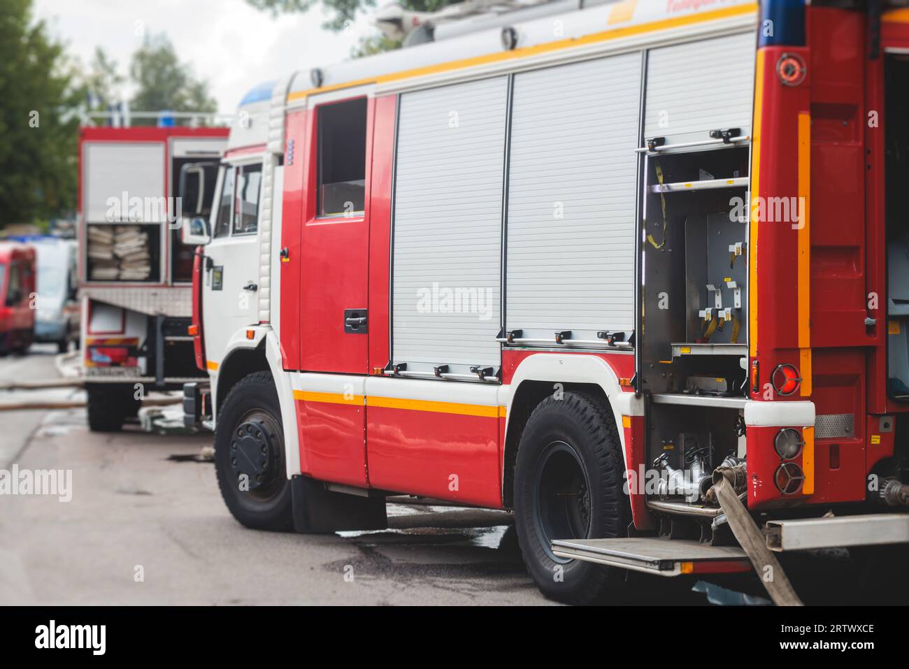 Fire fighting equipment in the city, with red fire engine truck during ...